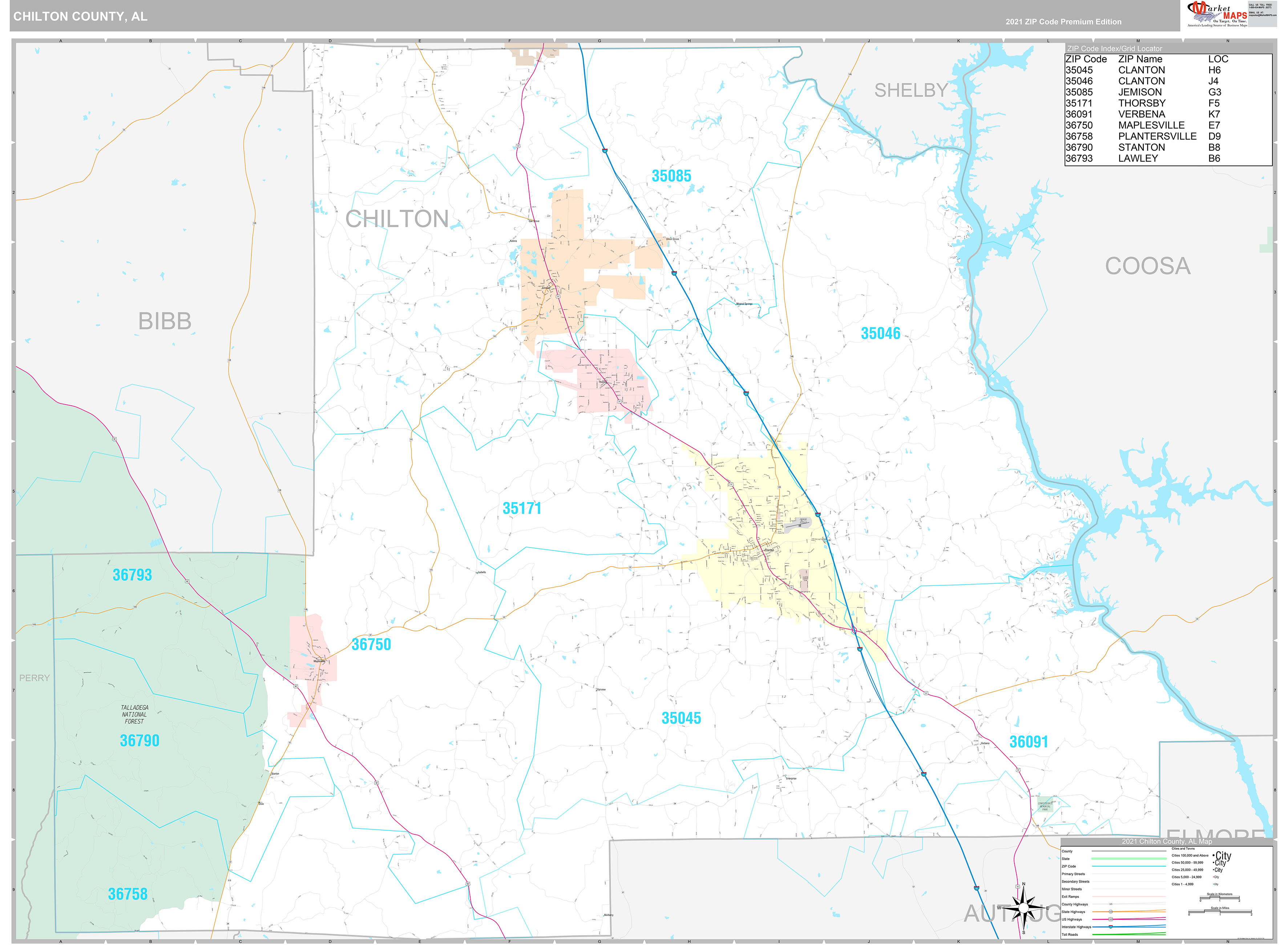 Chilton County Wall Map Premium Style - marketmaps.com