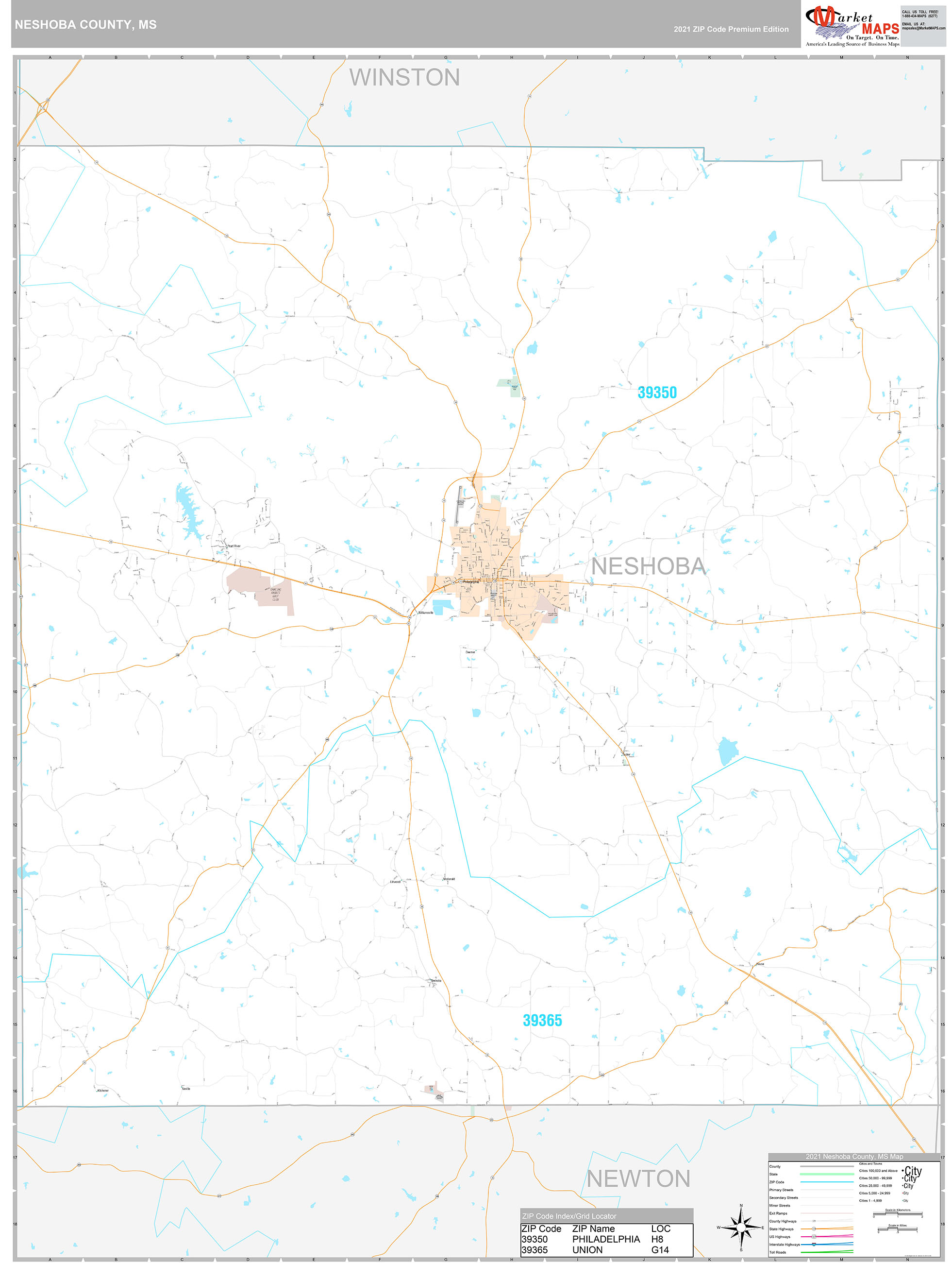 Neshoba County Wall Map Premium Style - marketmaps.com