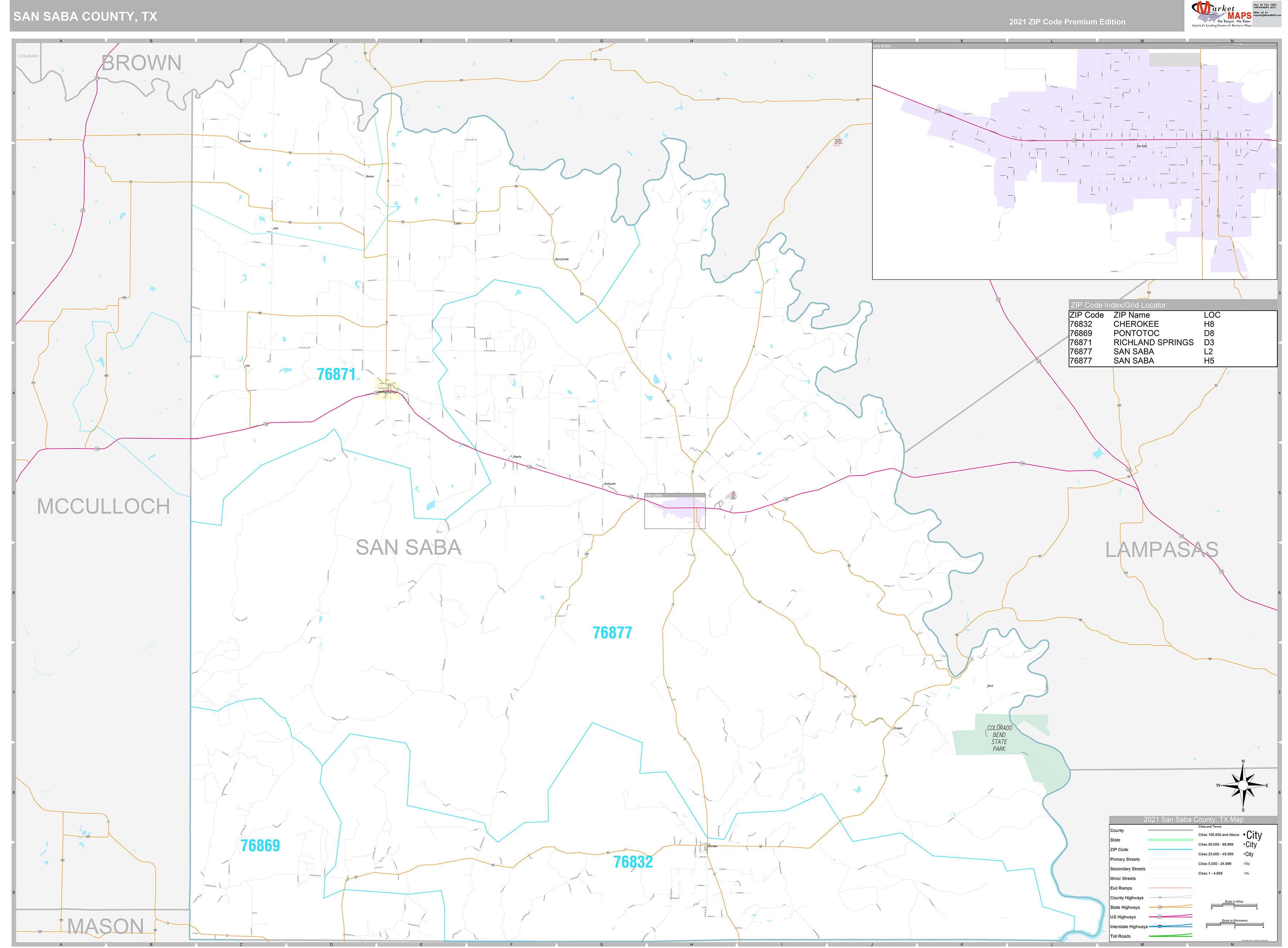 San Saba County Wall Map Premium Style - marketmaps.com