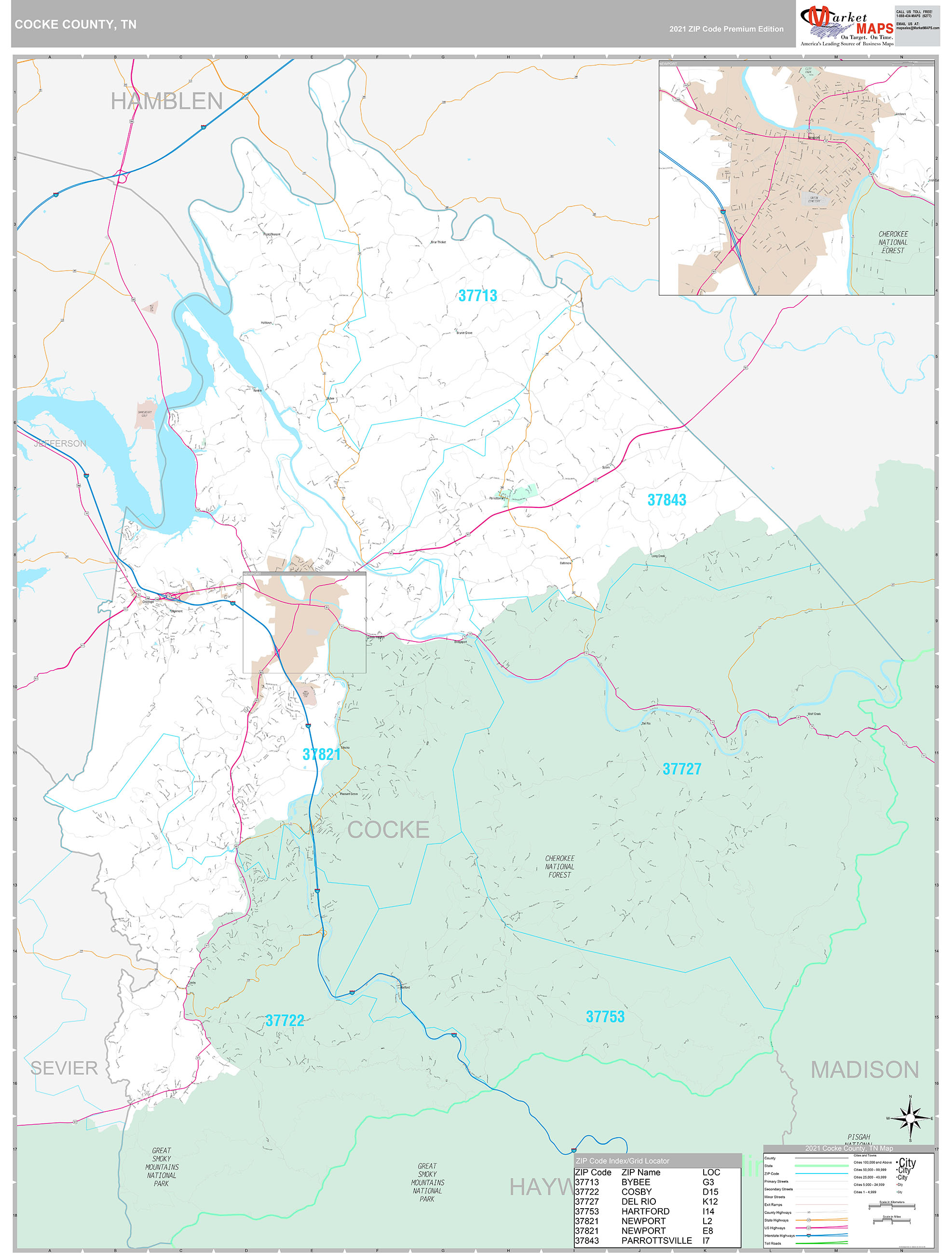 Cocke County Wall Map Premium Style